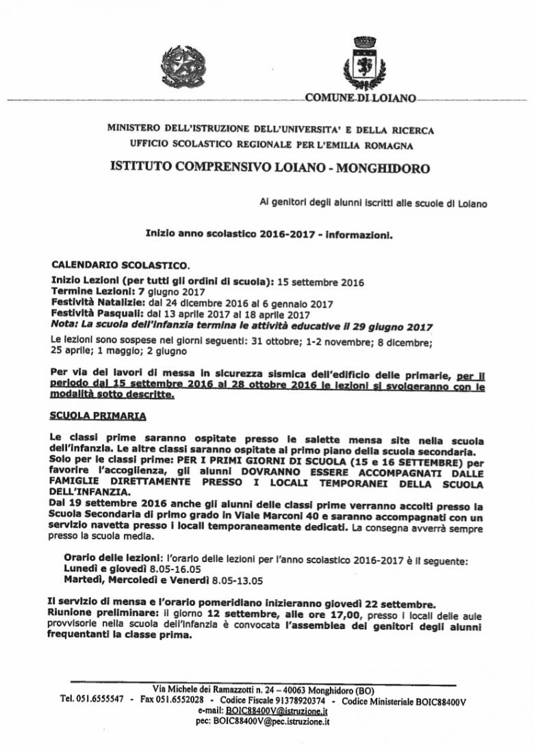Inizio anno nelle scuole di Loiano, lettera ai genitori | LoianoWeb